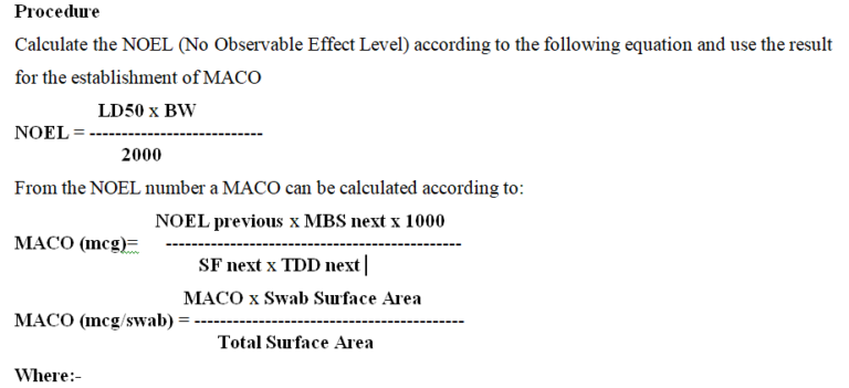 cleaning validation maco and noel calculation formula - Pharma Dekho