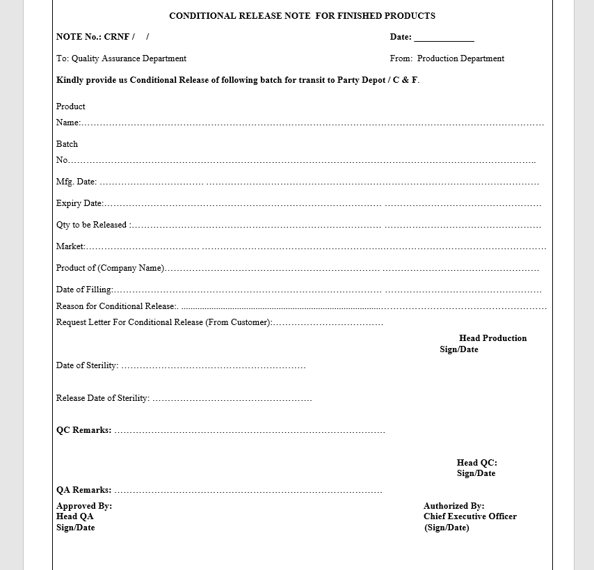 sop for conditional release in pharma - Pharma Dekho