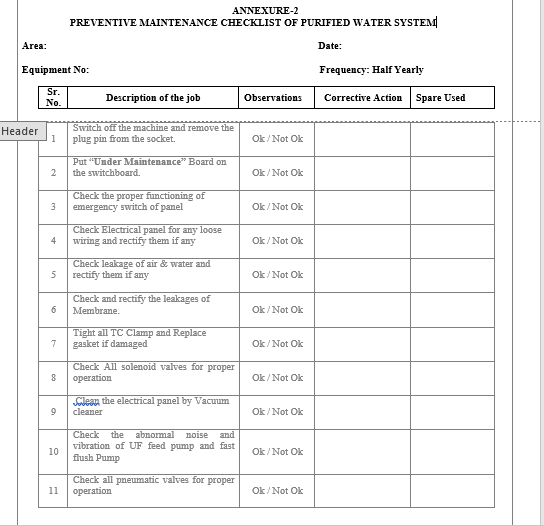 sop for Preventive maintenance of Purified Water System - Pharma Dekho