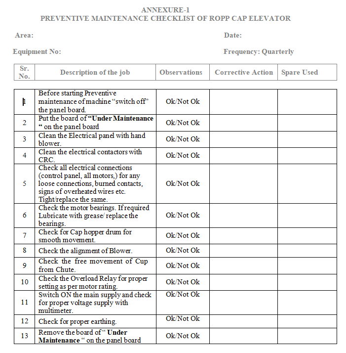 sop for Preventive Maintenance of ROPP Cap Elevator - Pharma Dekho
