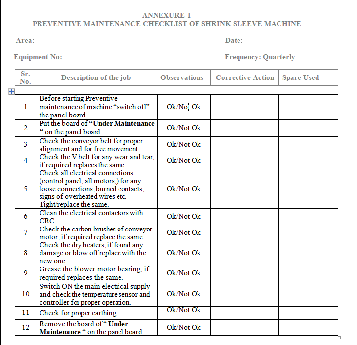 sop for Preventive Maintenance of Shrink Sleeve Machine - Pharma Dekho