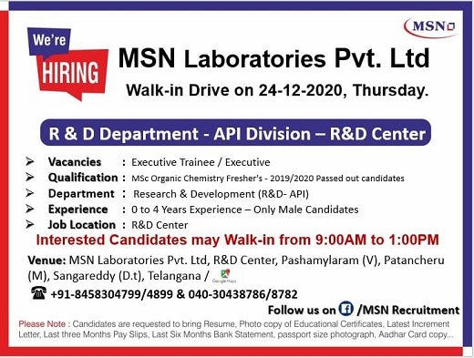 MSN Laboratories pvt ltd walk in interview - Pharma Dekho