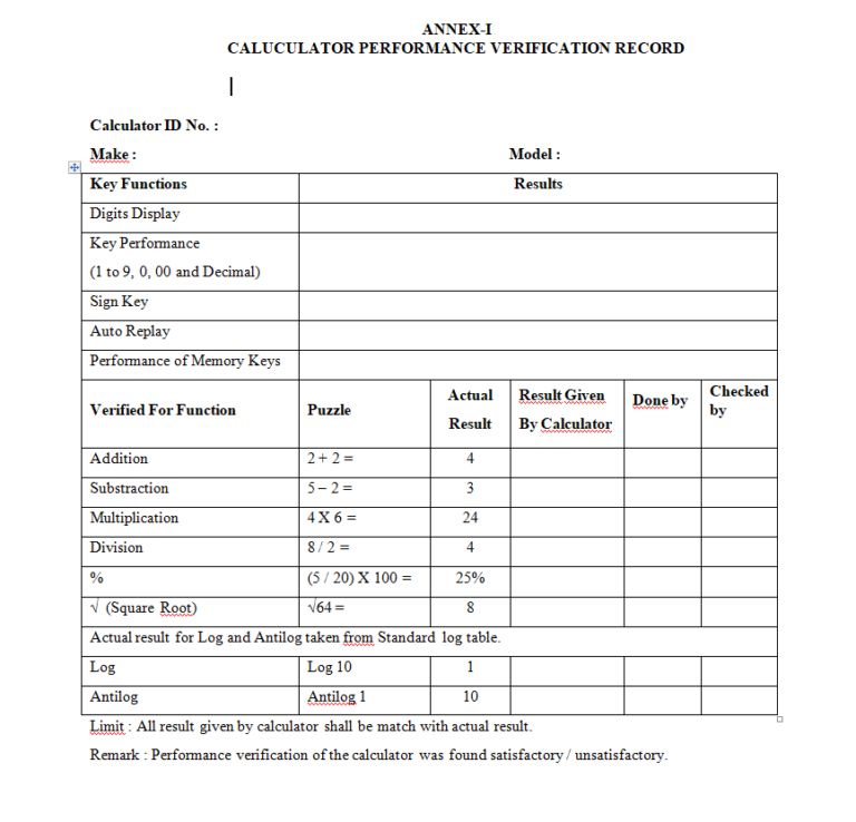 sop for performance verification of calculator and excel sheet ...