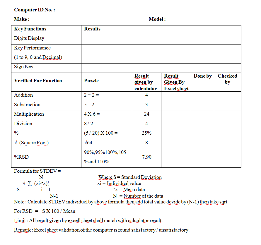 sop for performance verification of calculator and excel sheet ...