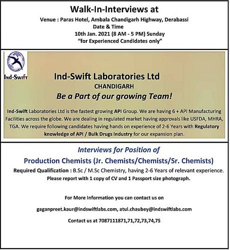 Ind-Swift lab walk in interview - Pharma Dekho