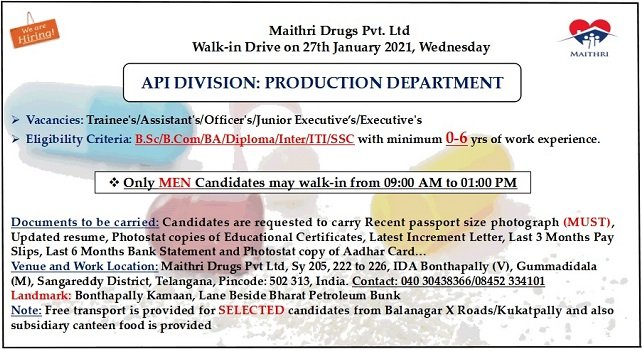 Maithri Drugs walk in interview - Pharma Dekho