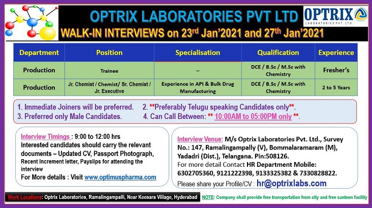 Optrix Laboratories walk in in interview for freshers - Pharma Dekho