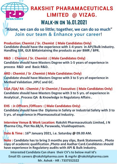 Rakshit Pharmaceuticals walk in interview - Pharma Dekho
