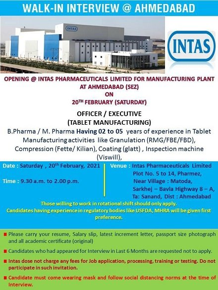 Intas Pharmaceuticals walk in drive - Pharma Dekho