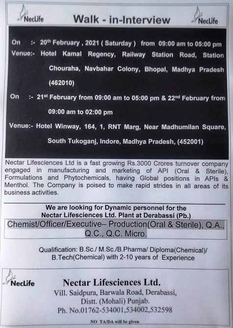 Nectar Lifesciences walk in drive - Pharma Dekho