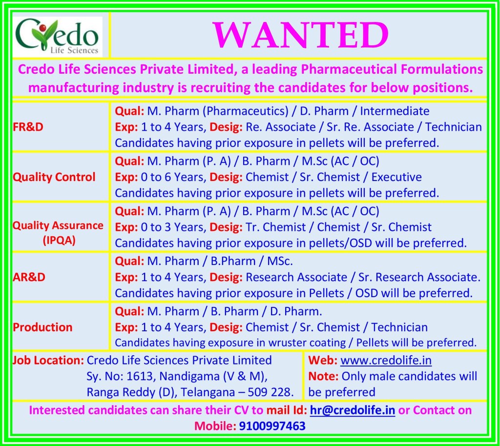 Credo Life Sciences walk in drive - Pharma Dekho