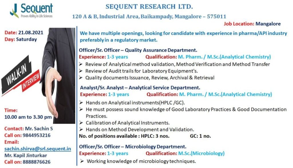 Sequent Research walk in drive - Pharma Dekho