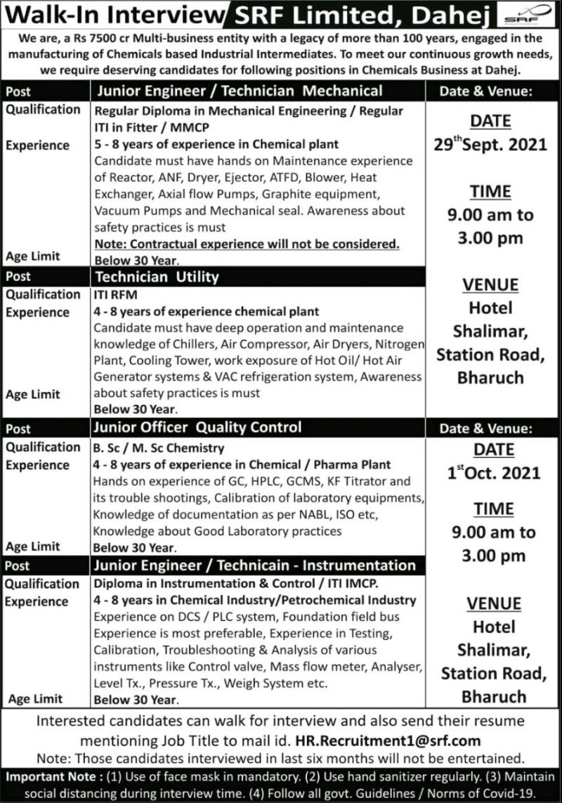 SRF Limited walk in drive - Pharma Dekho