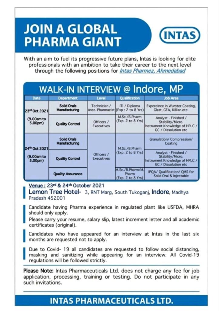 Intas Pharmaceuticals walk in drive - Pharma Dekho