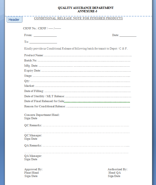 sop for Procedure For Conditional Release - Pharma Dekho